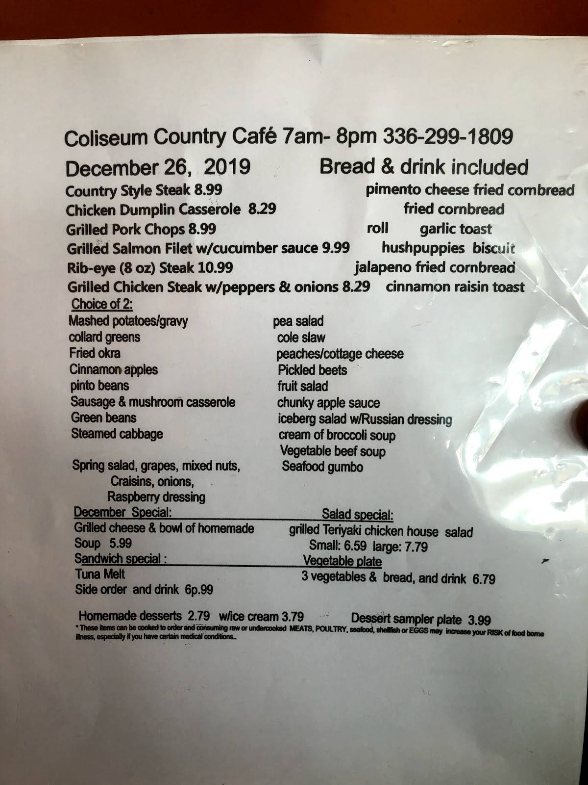 Menu at Coliseum Country Cafe, Greensboro