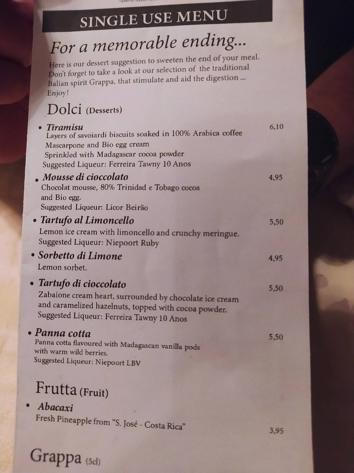 Menu at Restaurante Come Prima, Lisbon