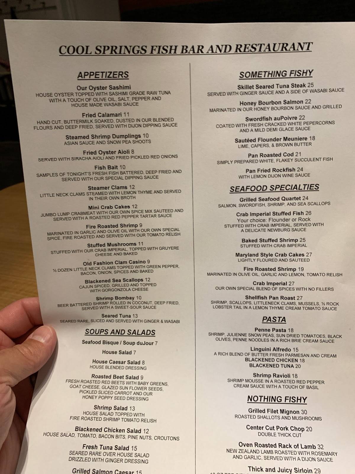 Menu at Cool Springs Fish Bar & Restaurant, Dover