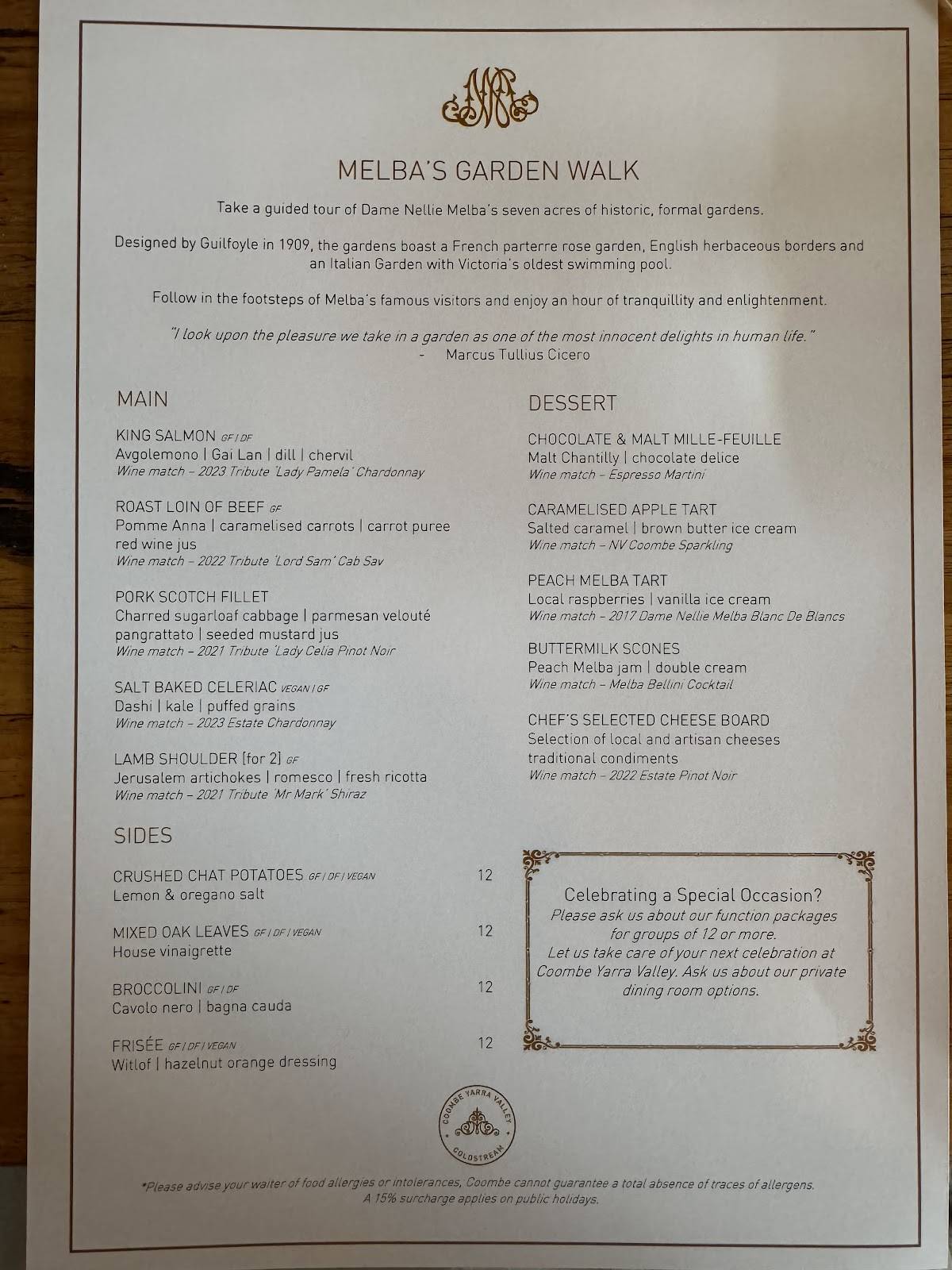 Menu at Coombe Yarra Valley - Wedding Venue, Restaurant, Cellar Door ...