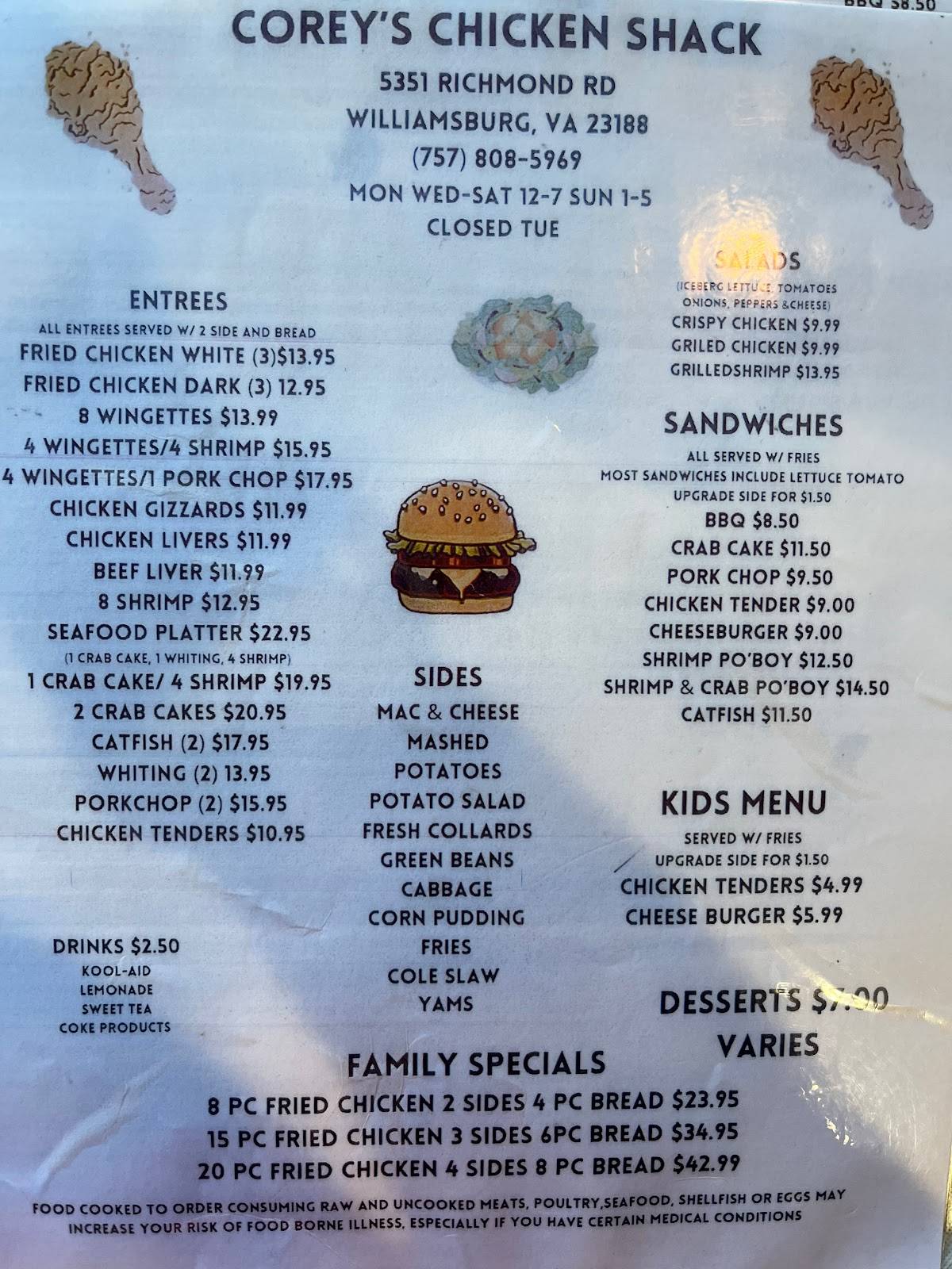 Menu at Corey's Chicken Shack restaurant, Williamsburg, Richmond Rd
