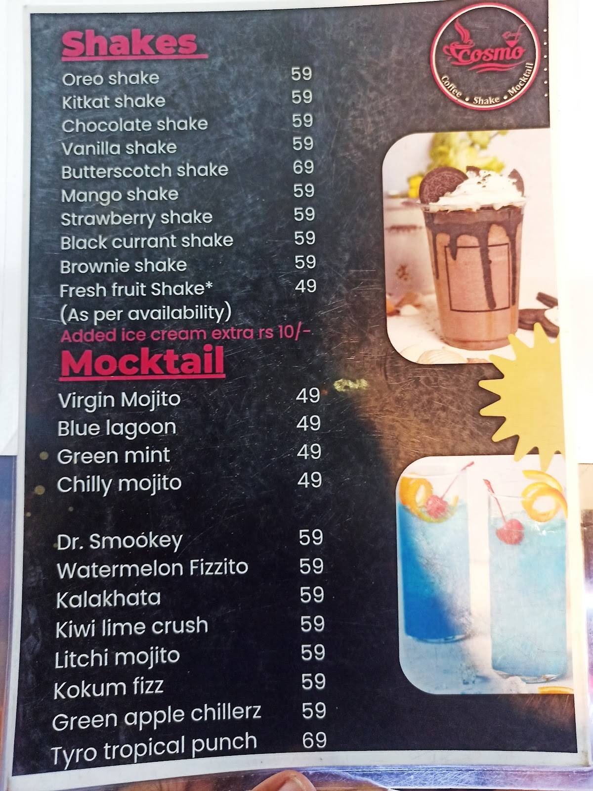 Menu at Cosmo Cafe, Bhubaneswar