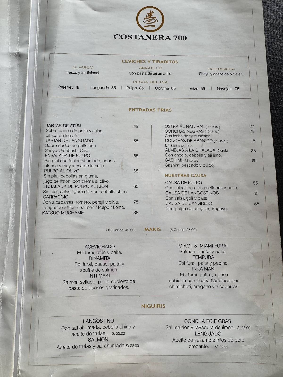 Menu at Costanera 700 restaurant, Miraflores