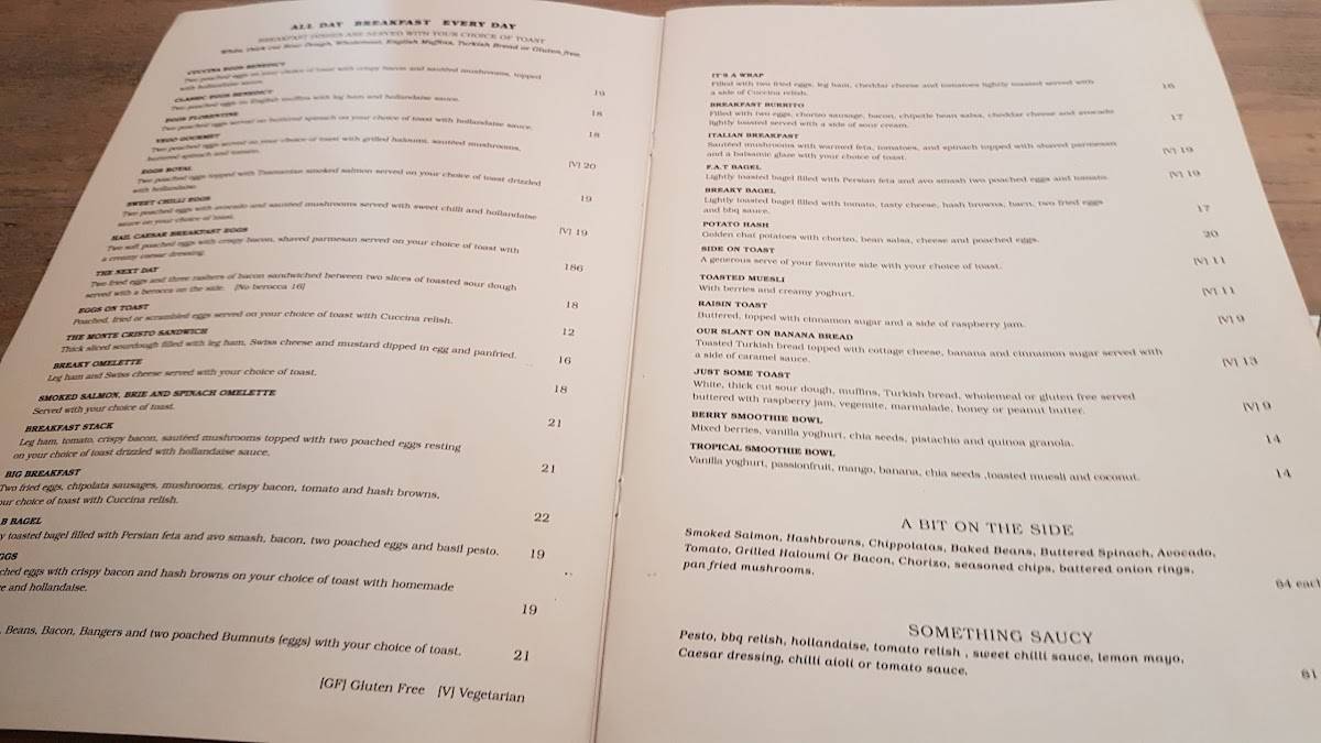 Menu at Cuccina Cafe Restaurant, Launceston