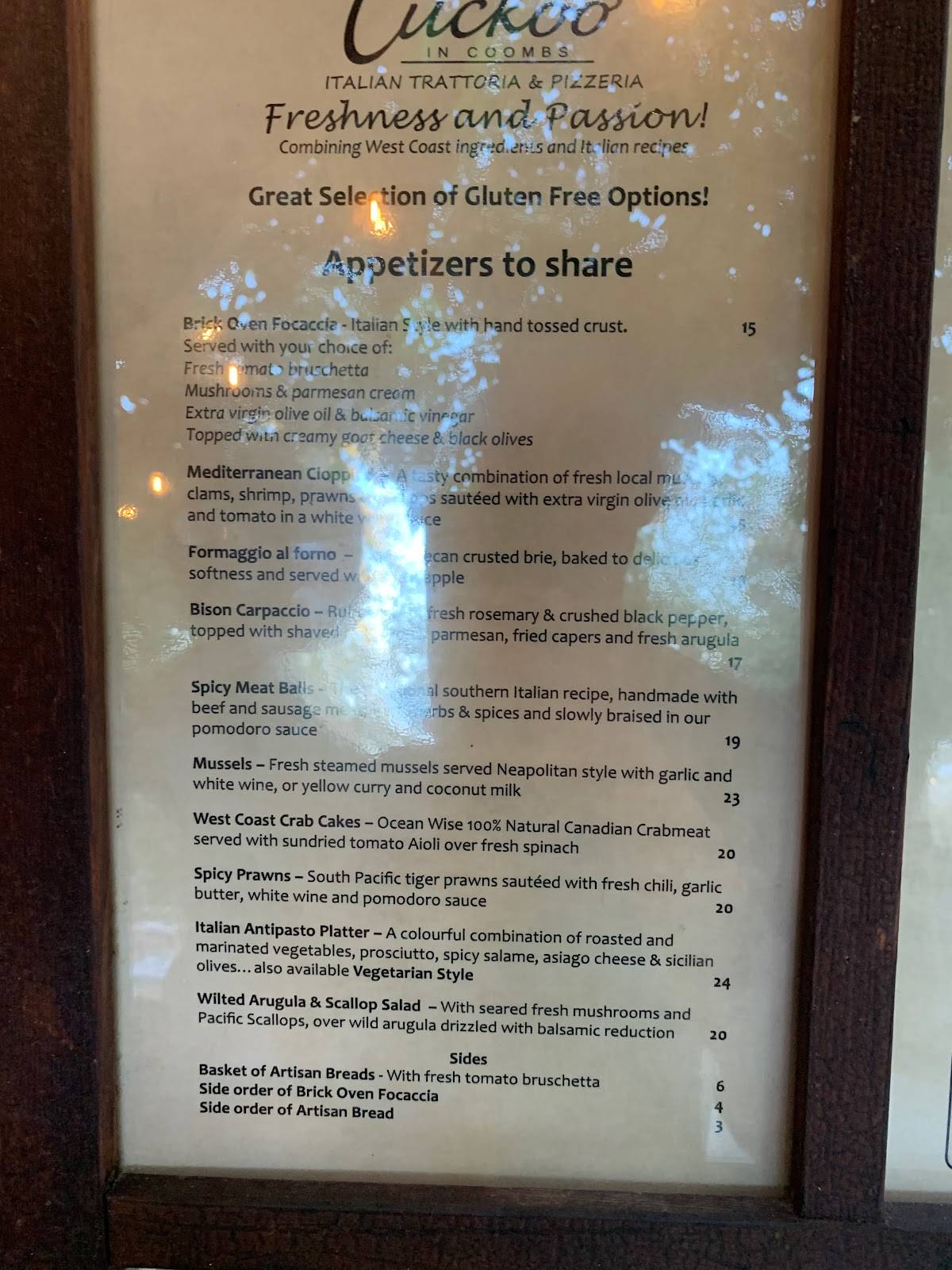 Menu at Cuckoo Trattoria and Pizzeria, Coombs