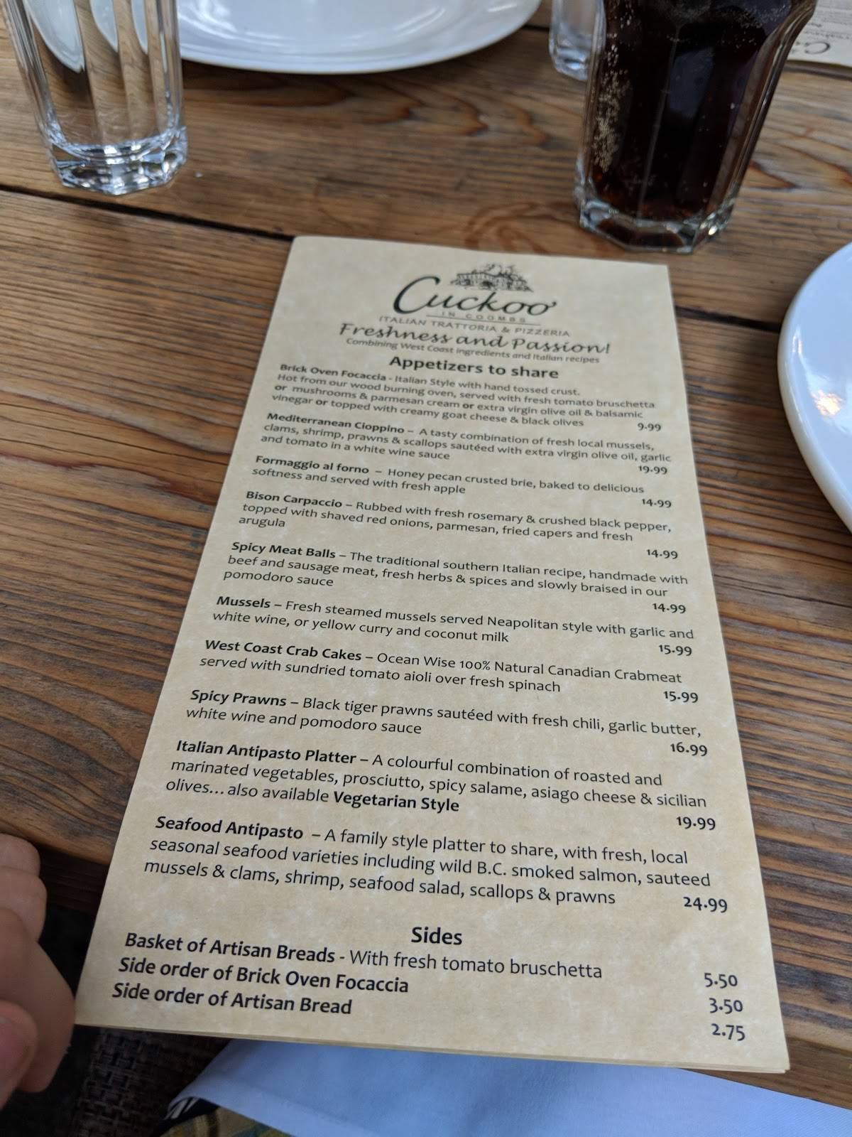 Menu at Cuckoo Trattoria and Pizzeria, Coombs
