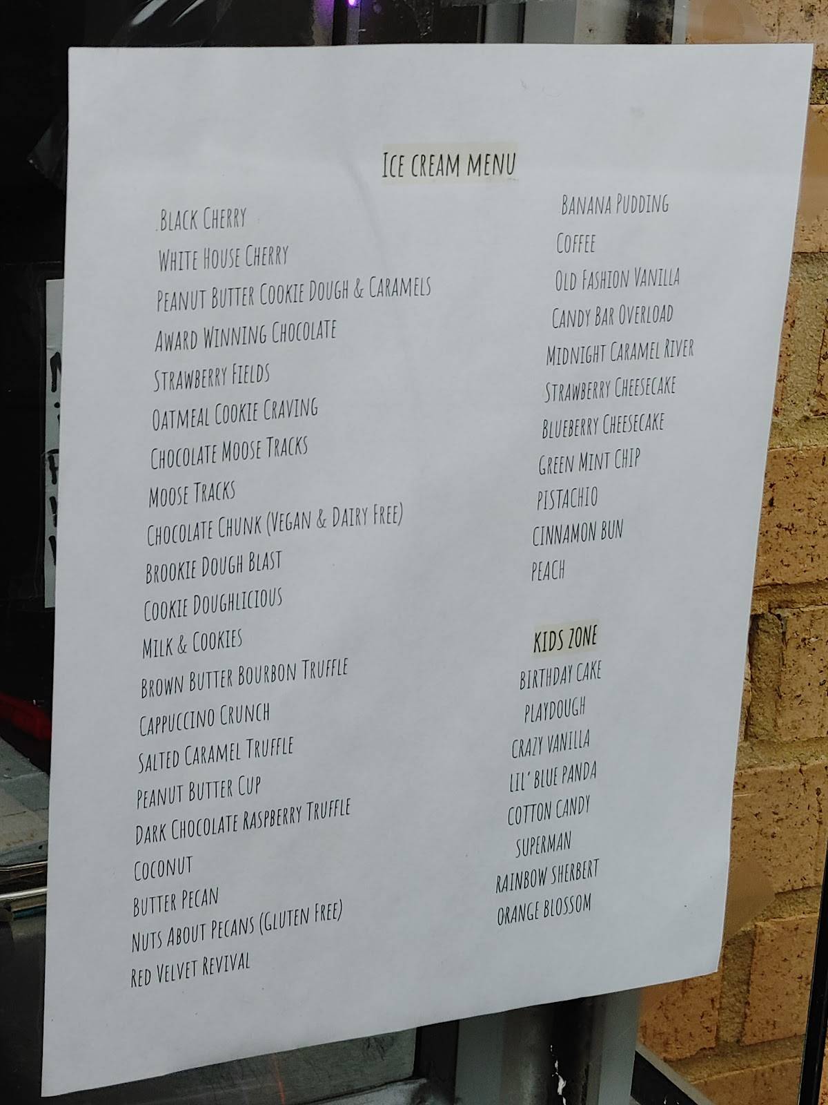 Menu at Cup and Cone, Albemarle