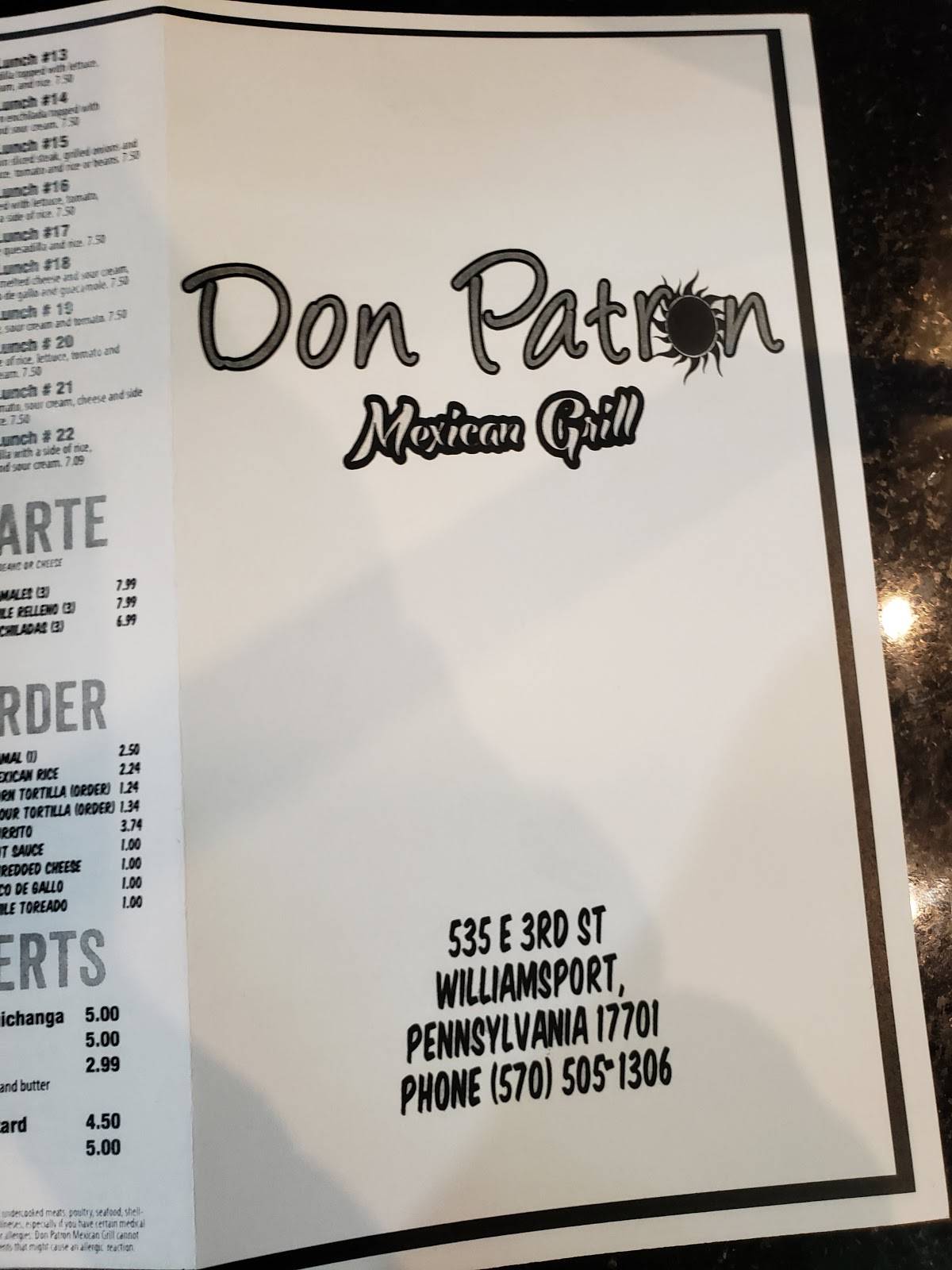 Menu at DON PATRON WILLIAMSPORT restaurant, Williamsport, E 3rd St