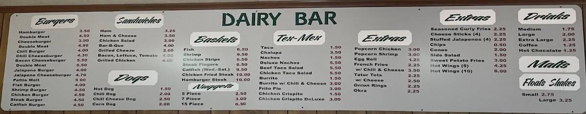 Menu at Dairy Bar, Brenham, S Chappell Hill St