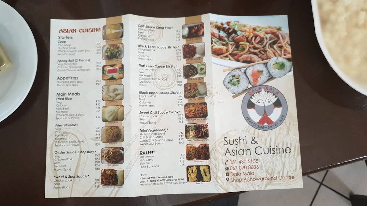 Menu at Dala Mala Asian Cuisine & Sushi Bar, Bloemfontein, Shop 9