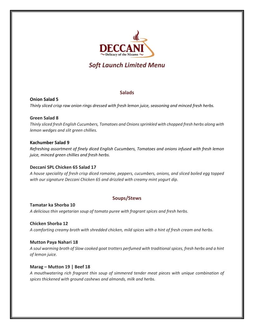 Menu at Deccani - Indian Hyderabadi Kitchen restaurant, Edmonton