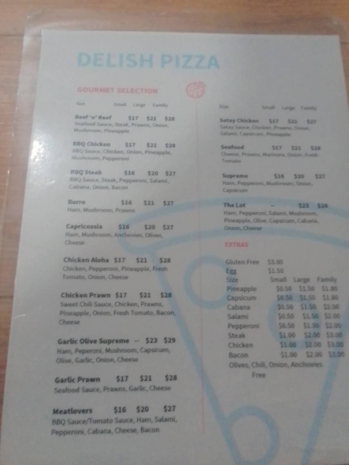 Menu at Delish Pizzeria, Queenstown