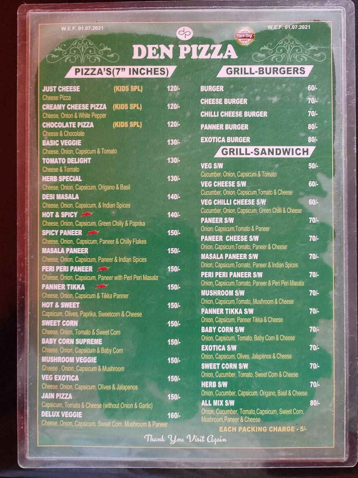Menu at Den Pizza, Chennai