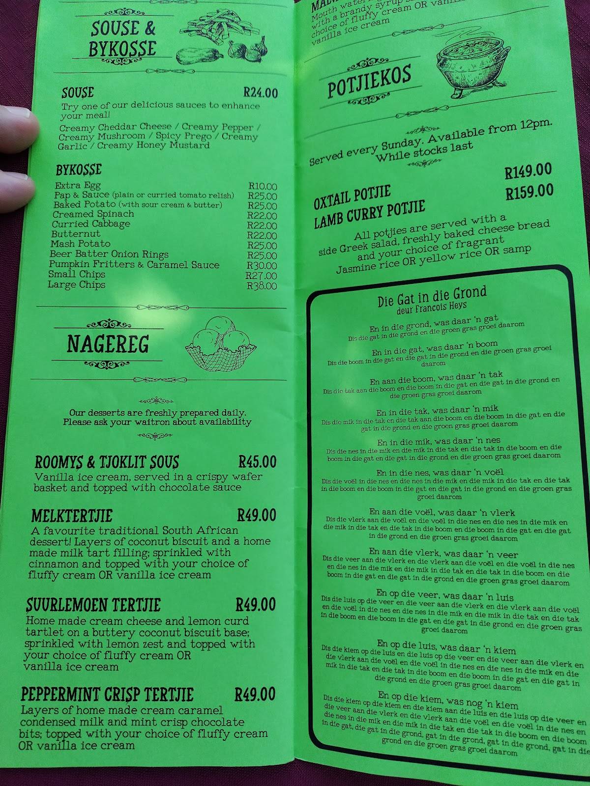 Menu at Die Plaas se Gat Restaurant, Hartbeespoort, Road 4048 R560 ...