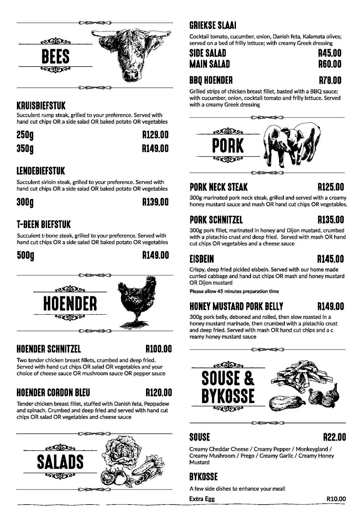 Menu at Die Plaas se Gat Restaurant, Hartbeespoort, Road 4048 R560 ...