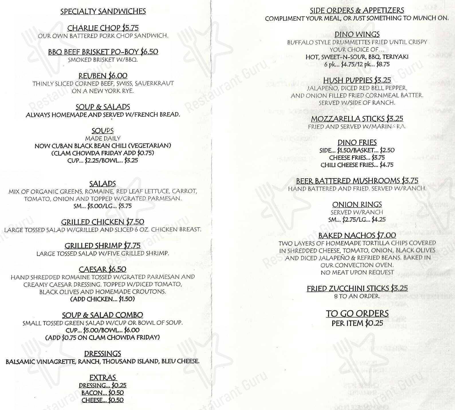 Menu at Dinosaur Cafe, Missoula
