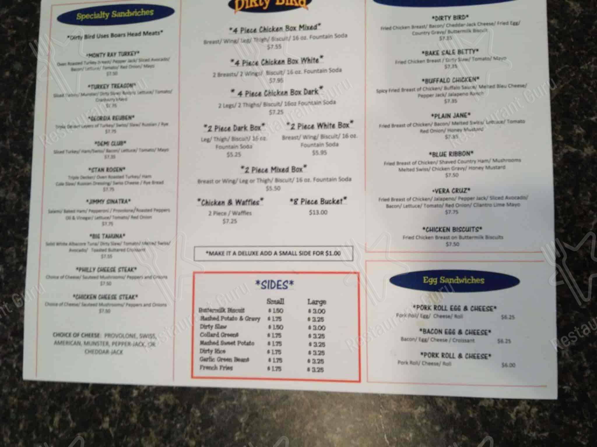 Menu at Dirty Bird restaurant, Morgantown