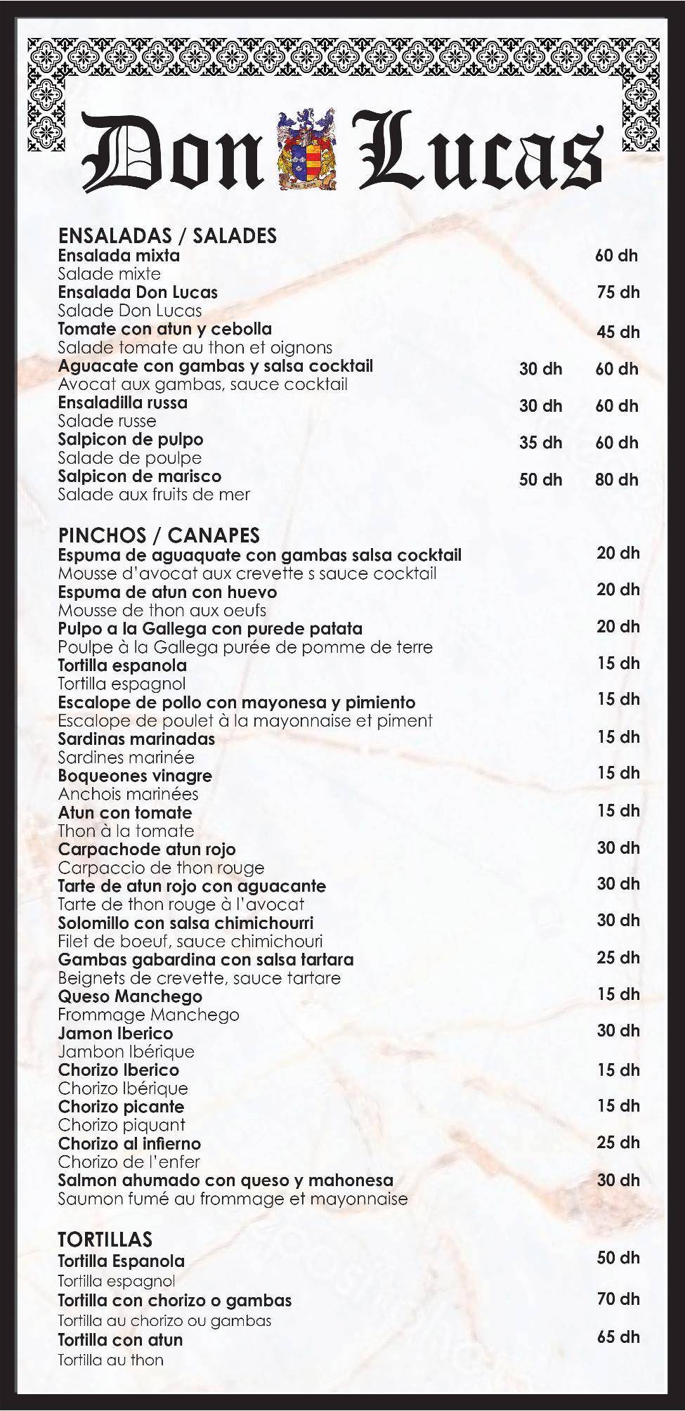 Menu au Don Lucas restaurant, Casablanca
