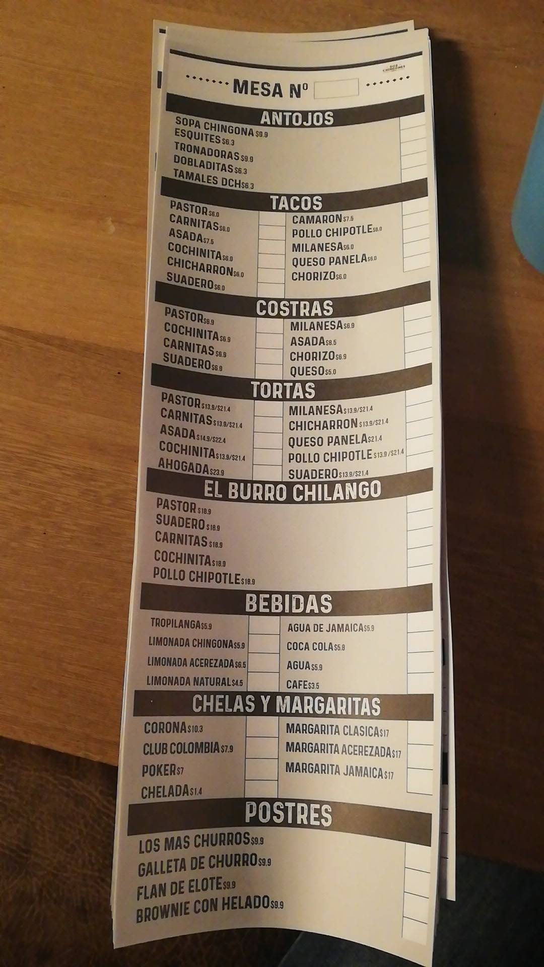 Carta del restaurante Dos Chingones, Bogotá, Cl. 140 #11-45