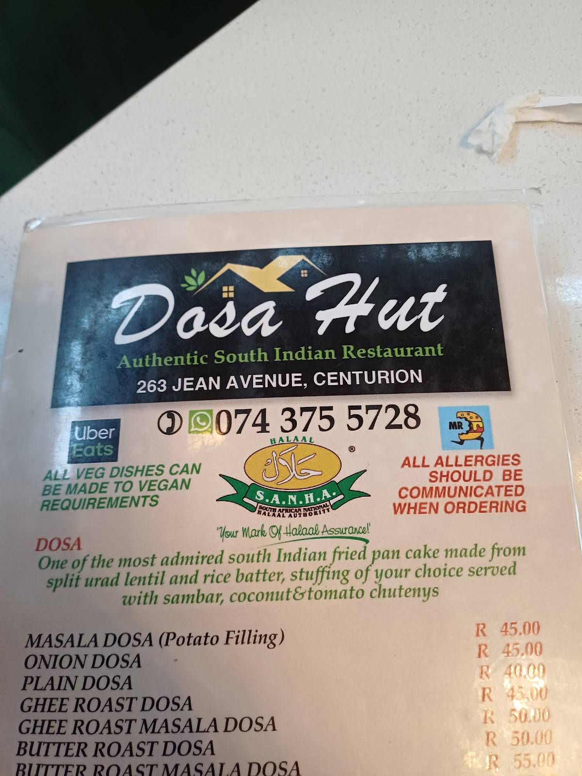 Menu at Dosa Hut Centurion restaurant, Centurion