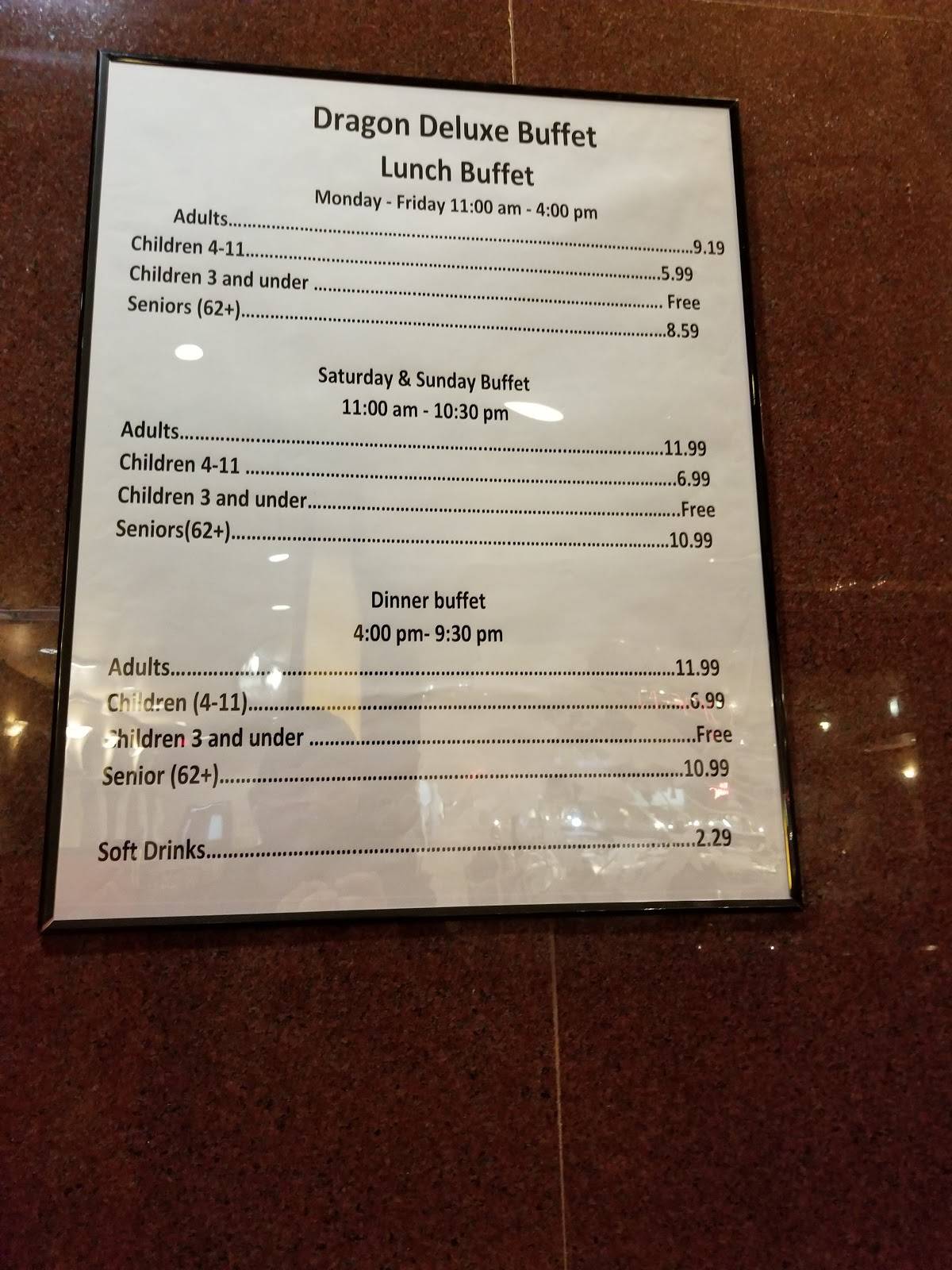 Menu at Dragon Buffet restaurant, Lubbock