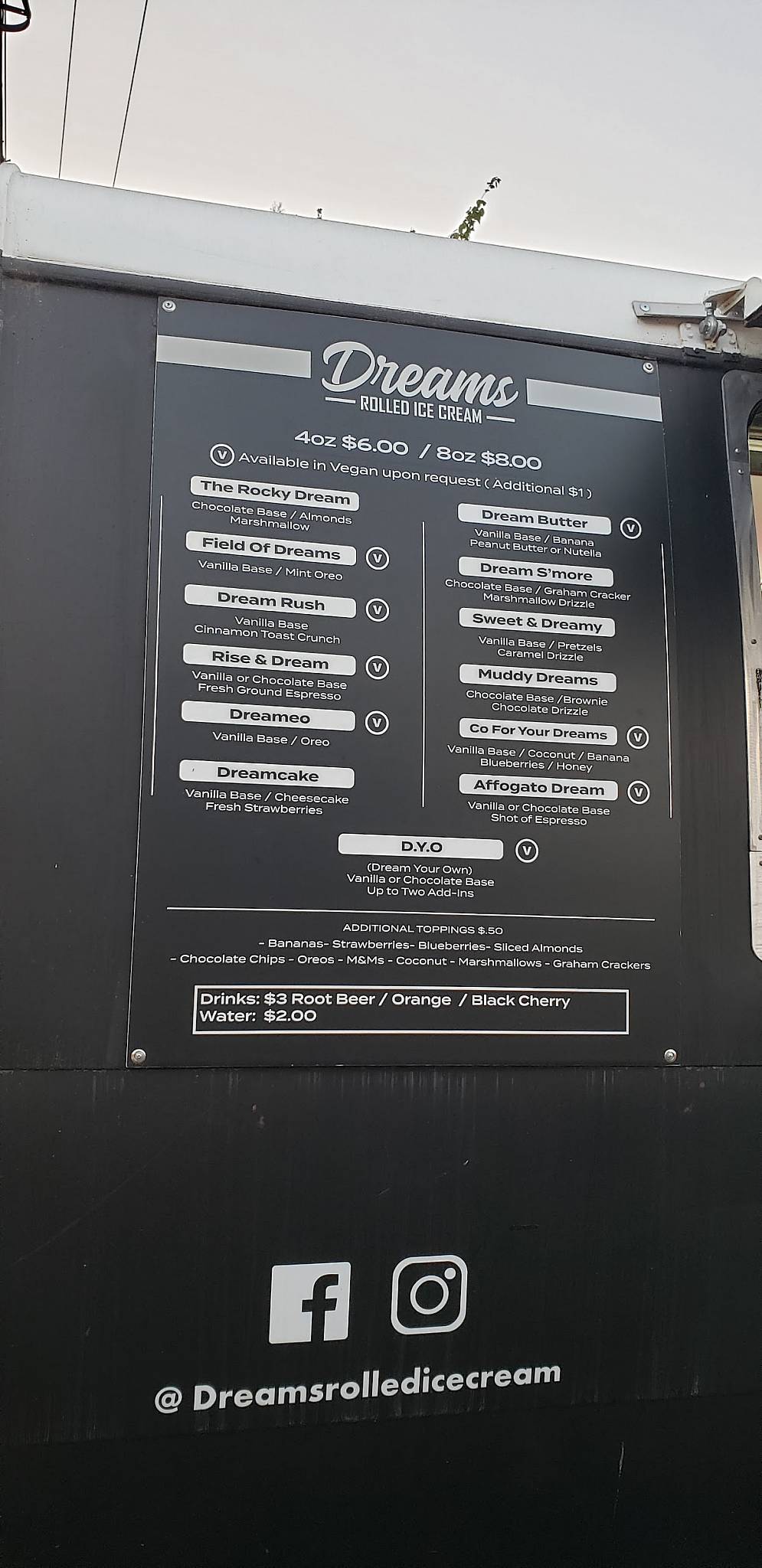 Menu at Dreams Rolled Ice Cream restaurant, Springfield