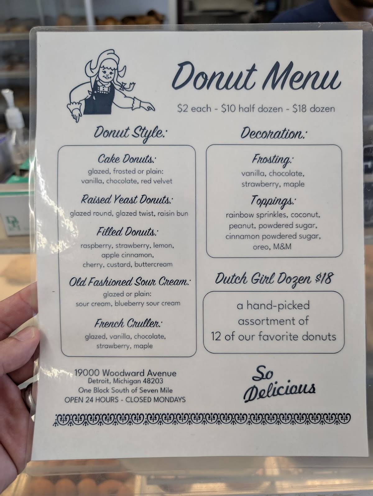Menu at Dutch Girl Donuts restaurant, Detroit