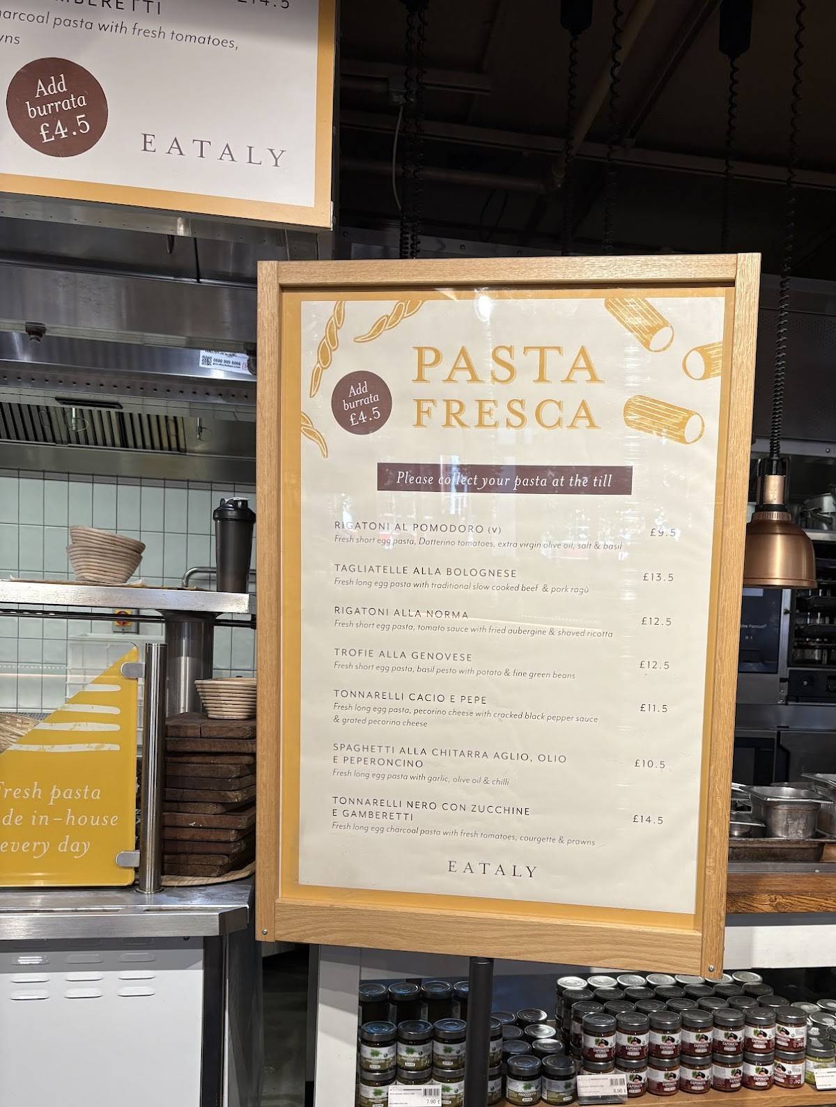 Menu at Eataly London restaurant, London, 135 Bishopsgate