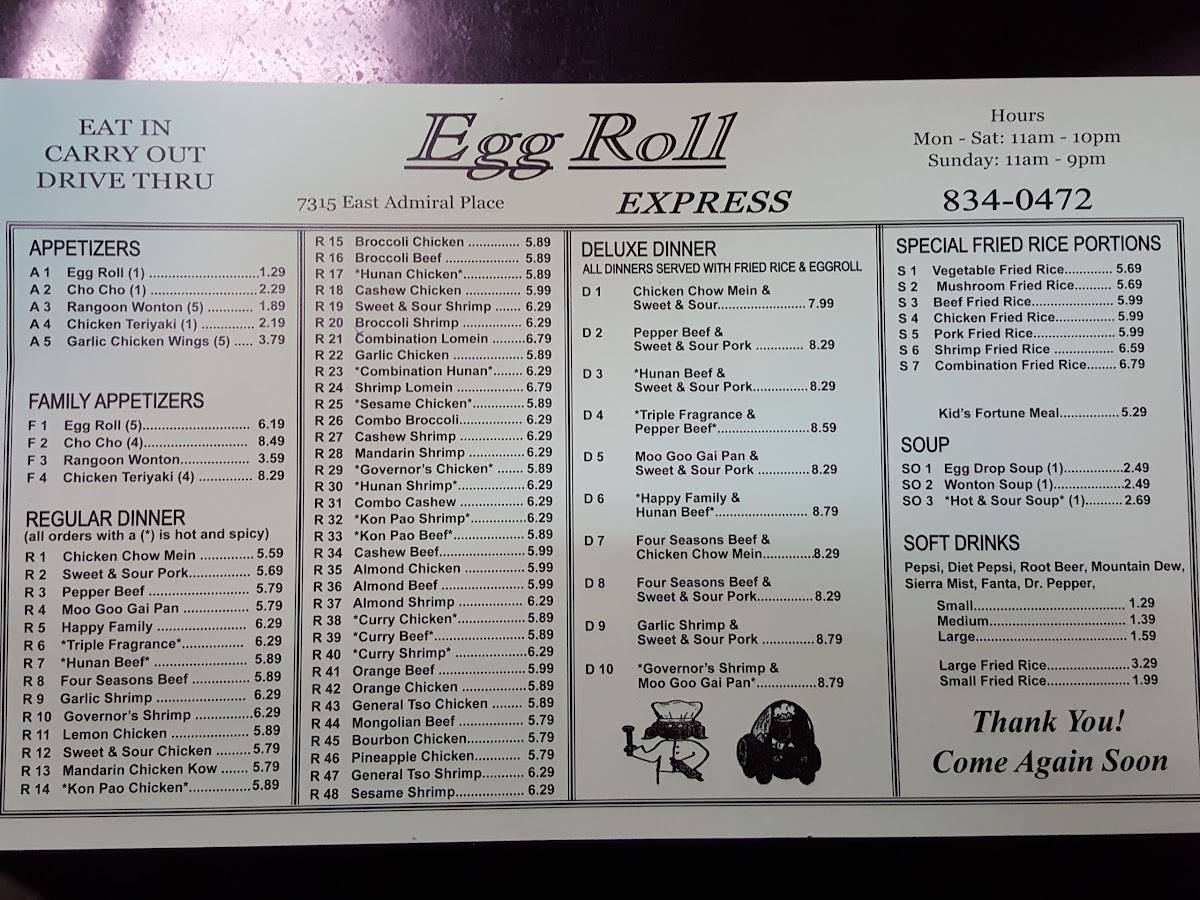 Menu at Egg Roll Express Restaurant, Tulsa, E Admiral Pl