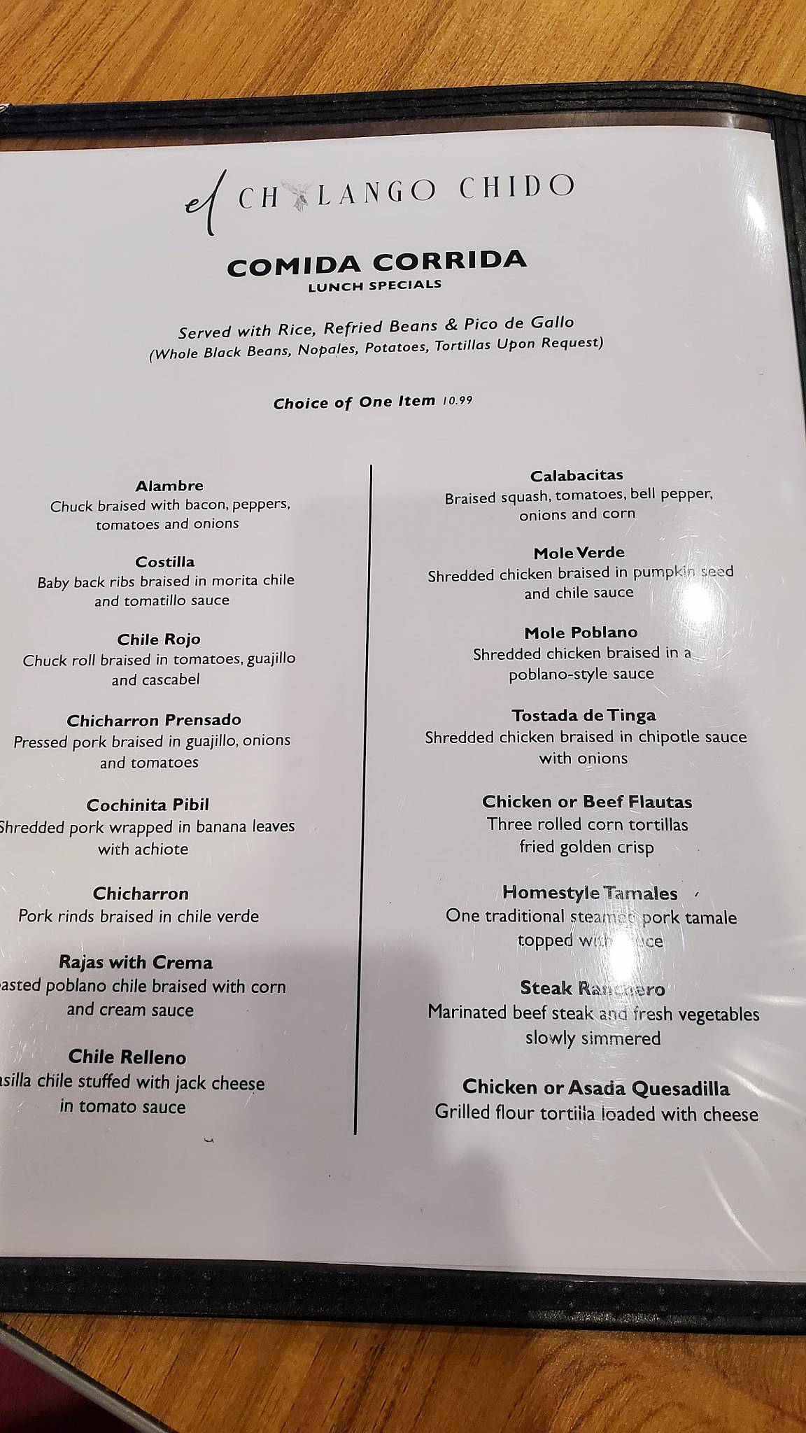 Menu at El Chilango Chido restaurant, Stockton