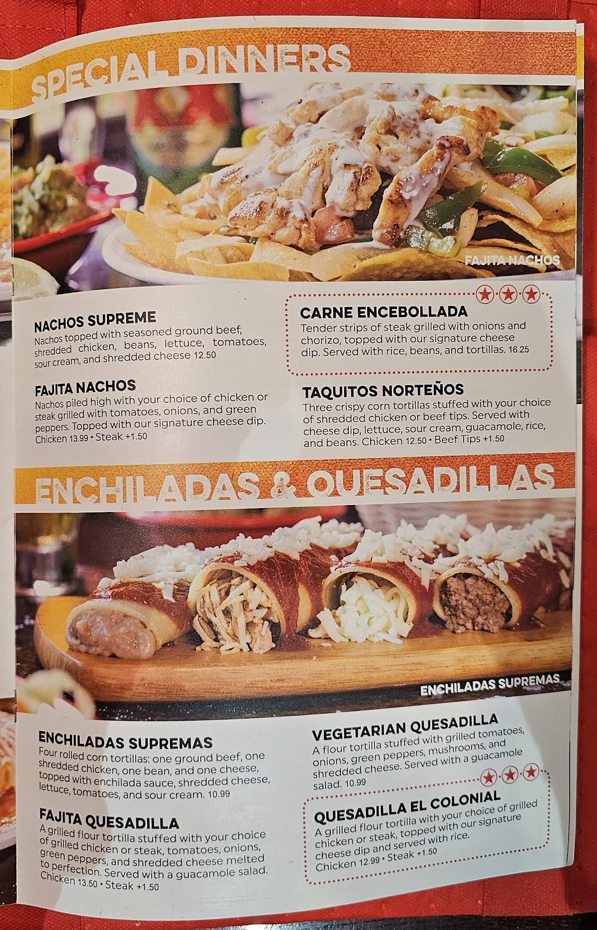 Menu at El Colonial restaurant, Ashland, 366 Diederich Blvd