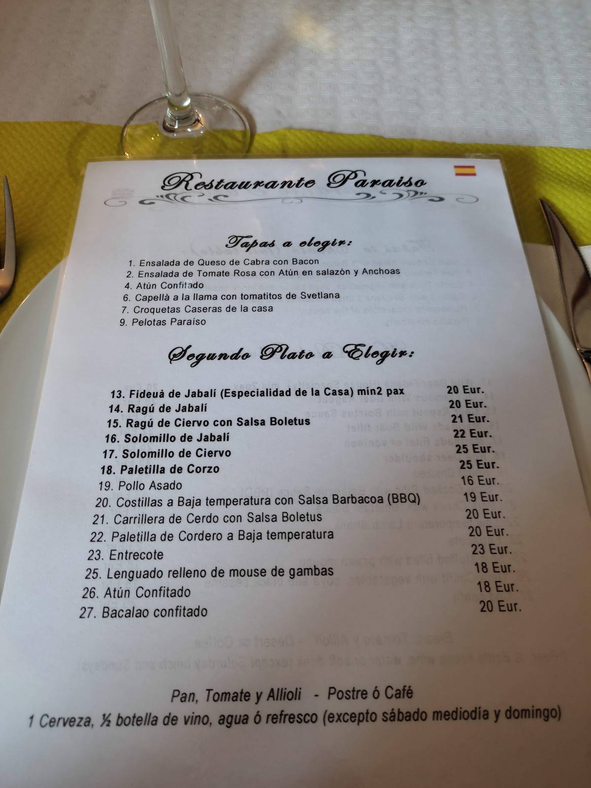 Carta de Restaurant El Paraiso, Parcent
