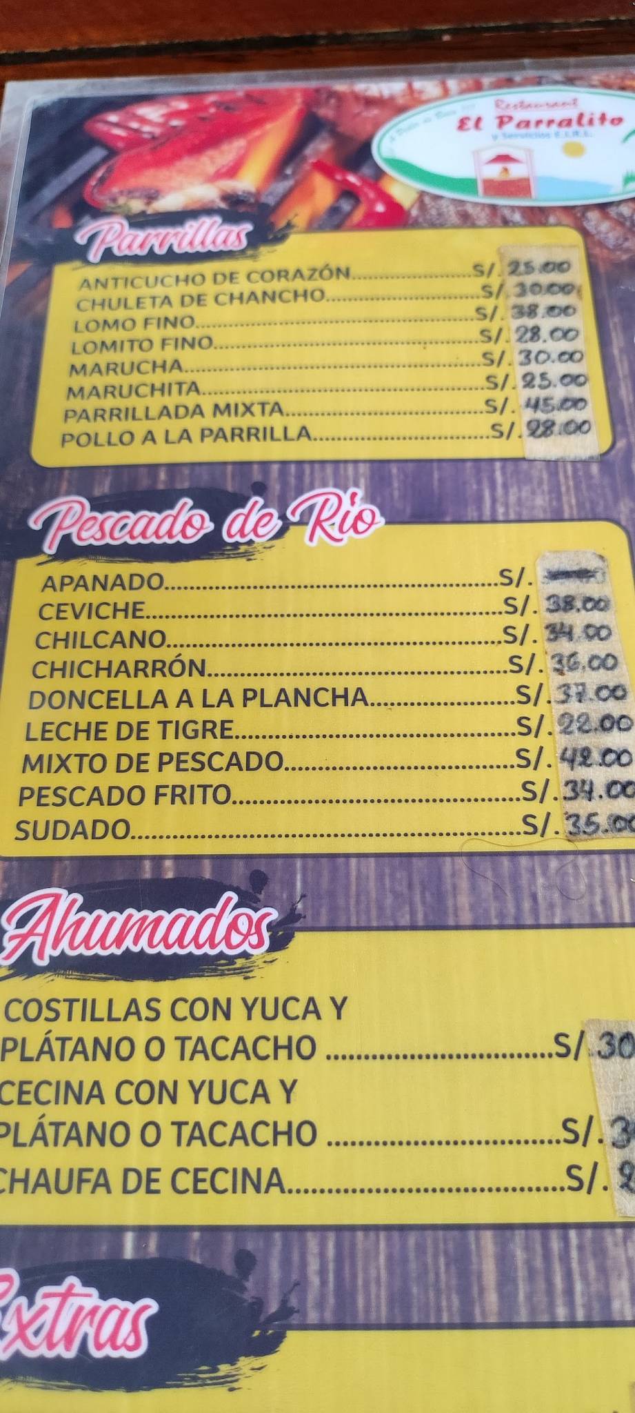 Carta de Restaurant El Parralito, Pichanaki