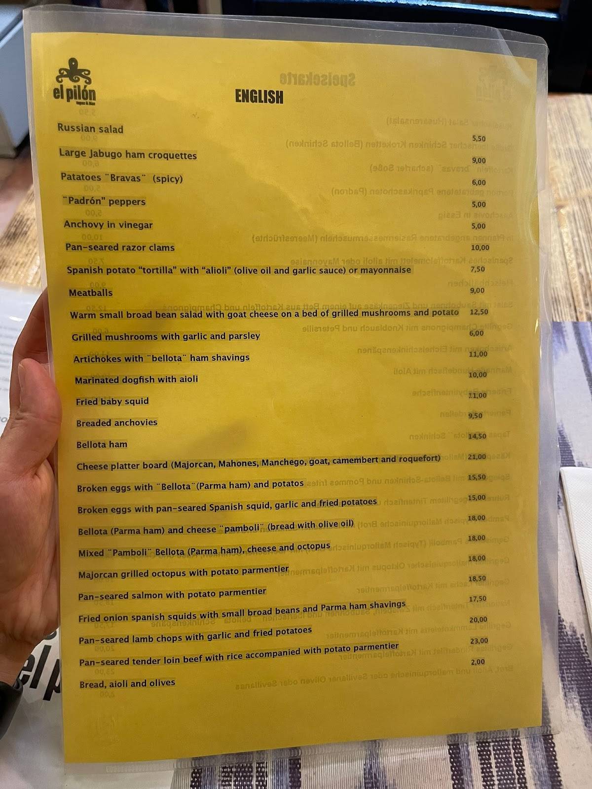 Menu at Restaurant El Pilón, Palma, Carrer de Can Cifré