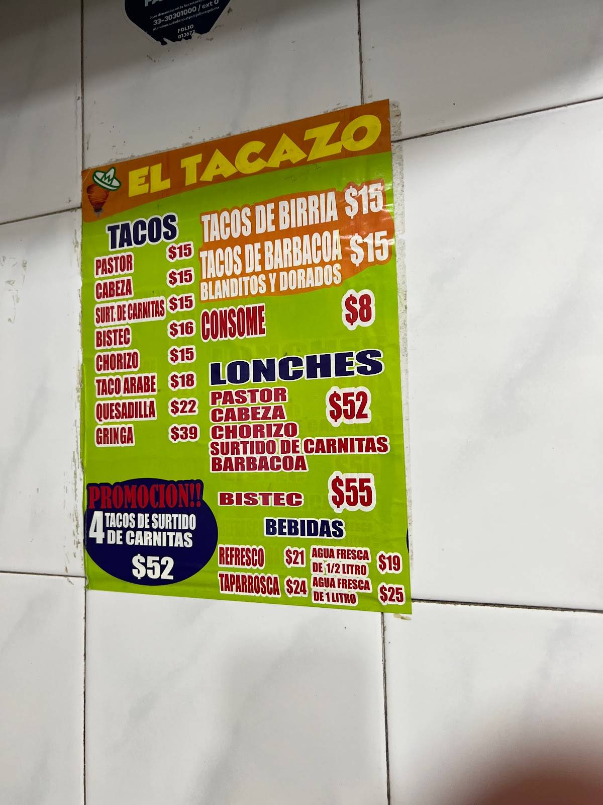 Carta del restaurante El Tacazo, Guadalajara, Av Juárez 246-A