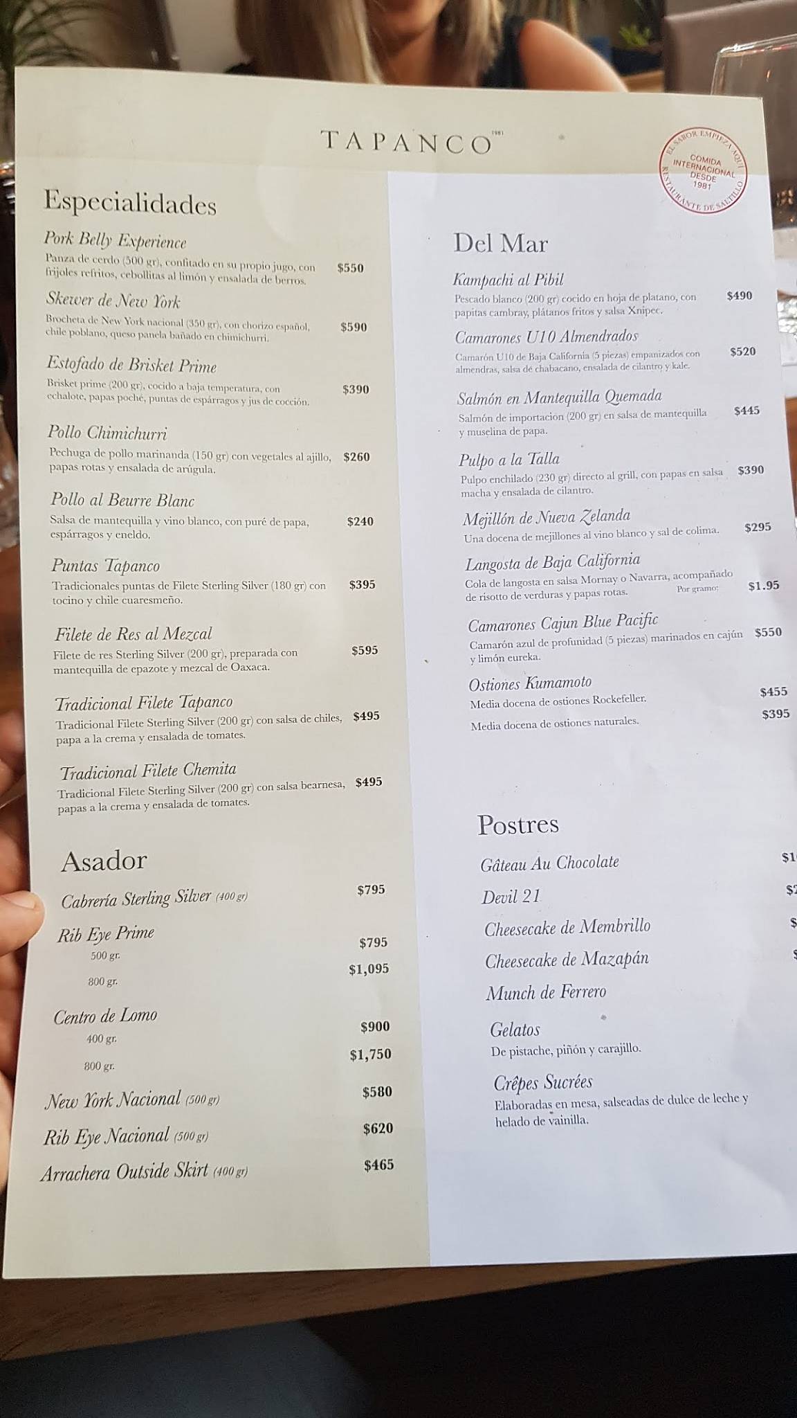 Carta del restaurante Tapanco, Saltillo, Blvd Galerias 715 Blvd Galerias