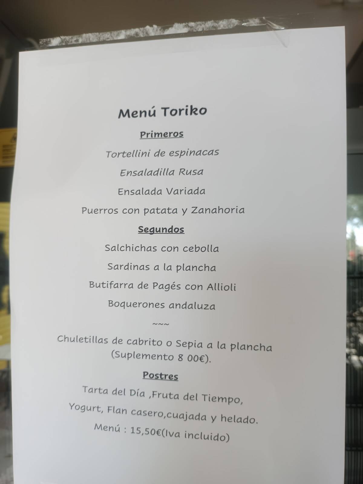 Carta de Restaurant “El Toriko”, Barcelona, C/Juan de Mena nº5-7