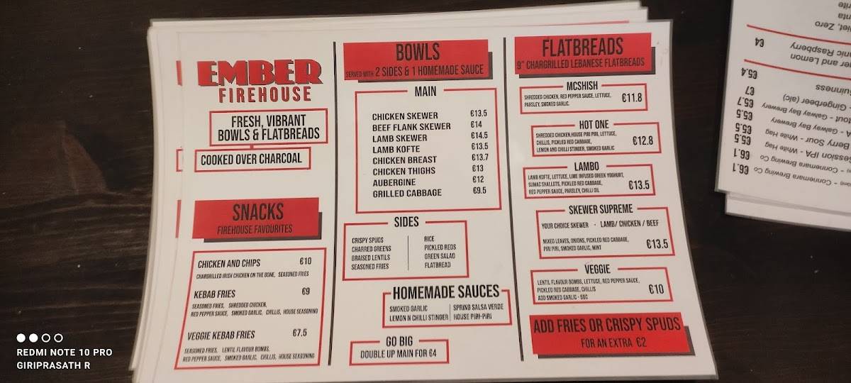 Menu at Ember Firehouse restaurant, Galway