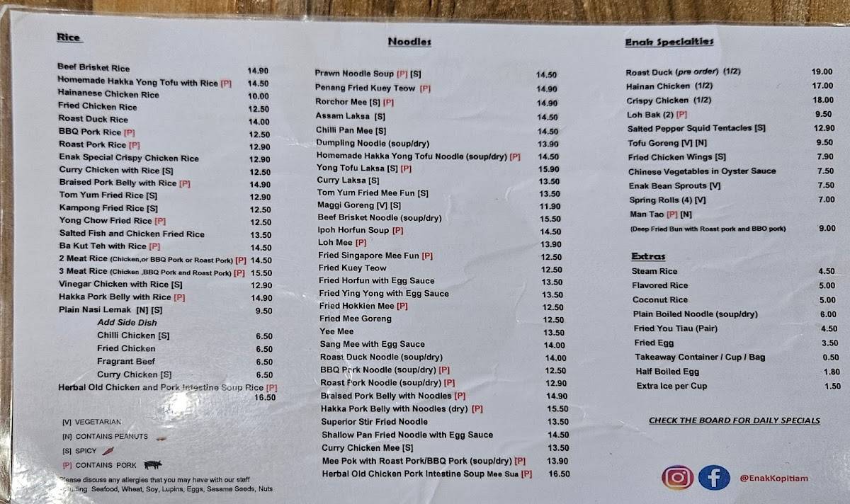 Menu at Enak Kopitiam restaurant, Willetton, shop 11/61 Apsley Rd