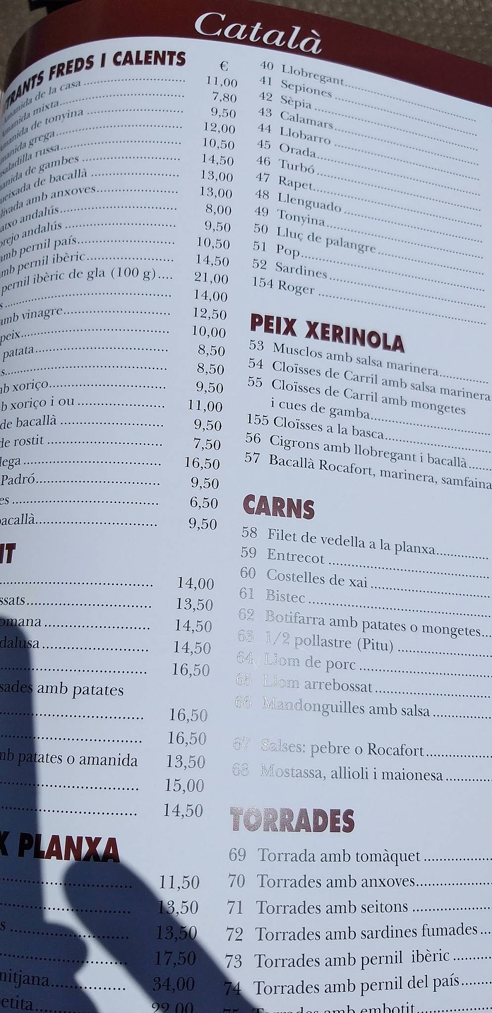 Carta de Restaurant Es Dofí, Tamariu, Passeig del Mar