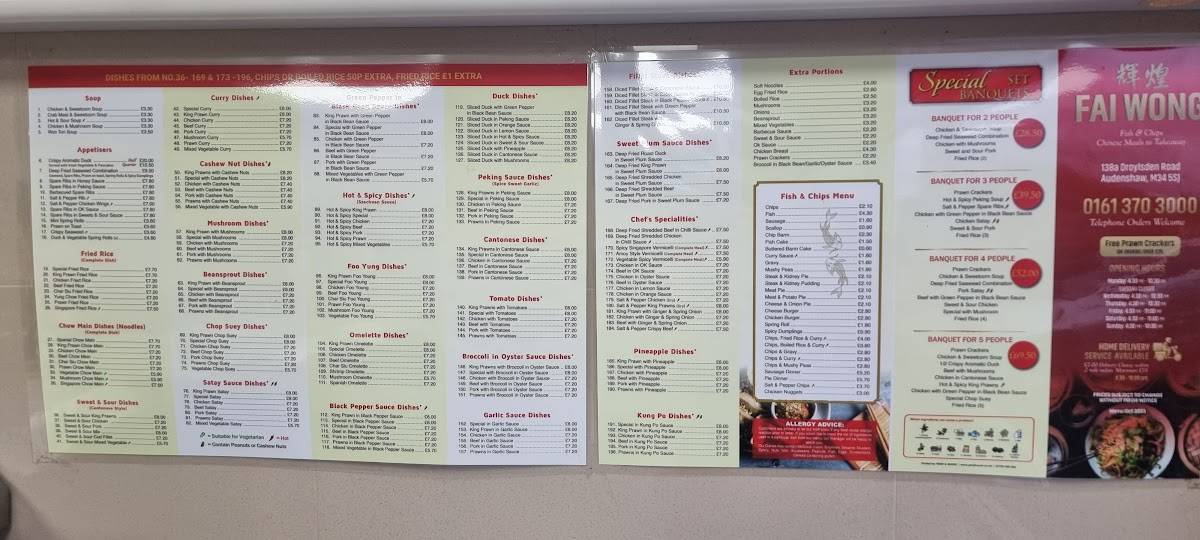 Menu at Fai Wong restaurant, Manchester, 138A Droylsden Rd