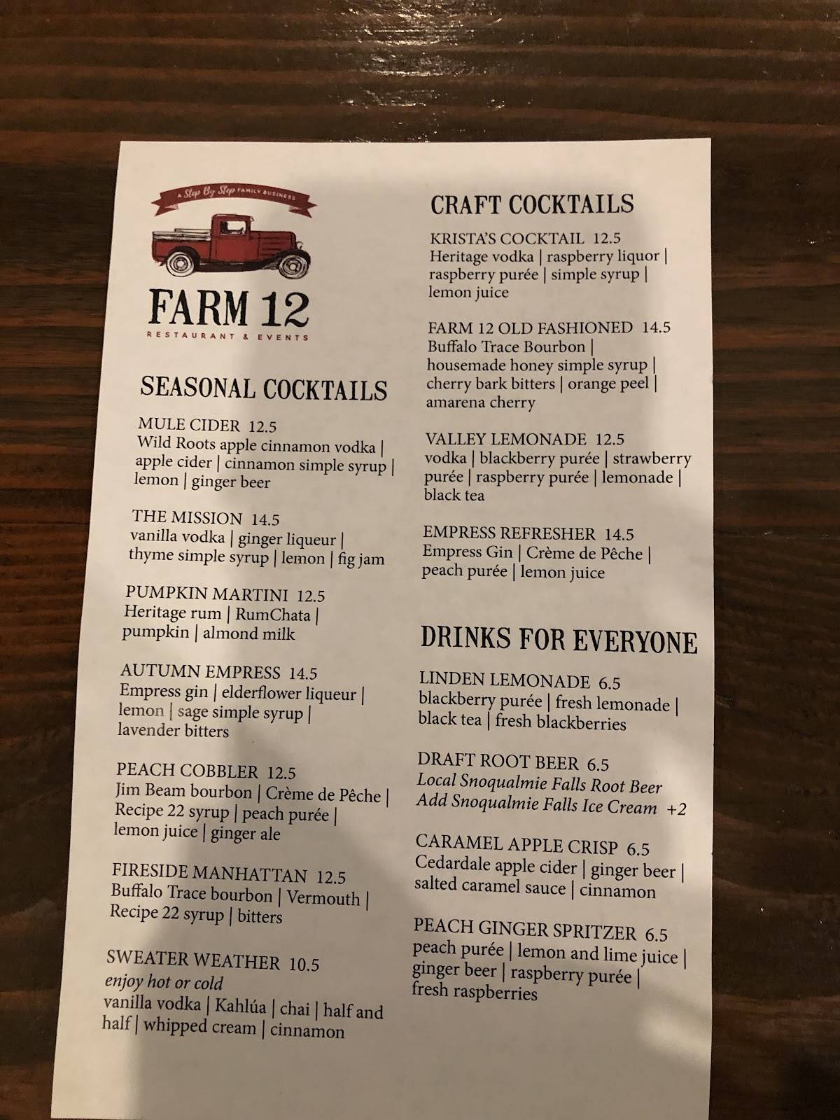 Menu at Farm 12 Restaurant, Puyallup
