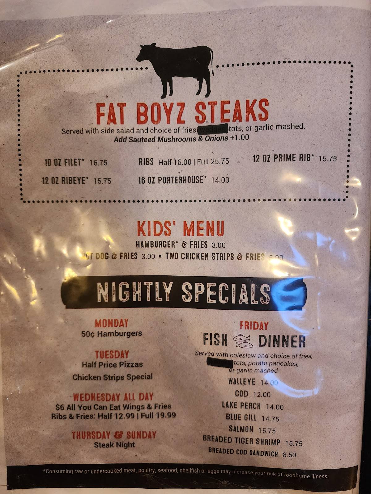 Menu at Fat Boyz restaurant, Fort Atkinson