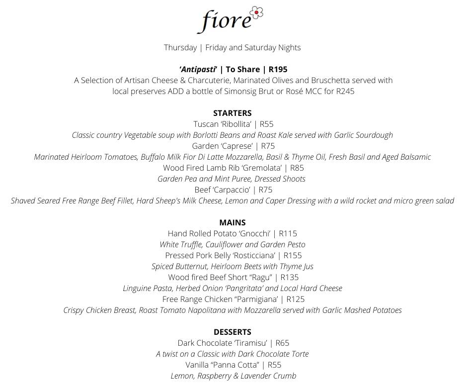 Menu at Fiore Greyton Restaurant and Garden Centre, Greyton
