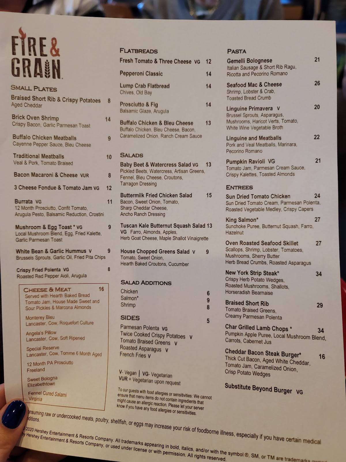 Menu at Fire & Grain at Hershey Lodge restaurant, Hershey
