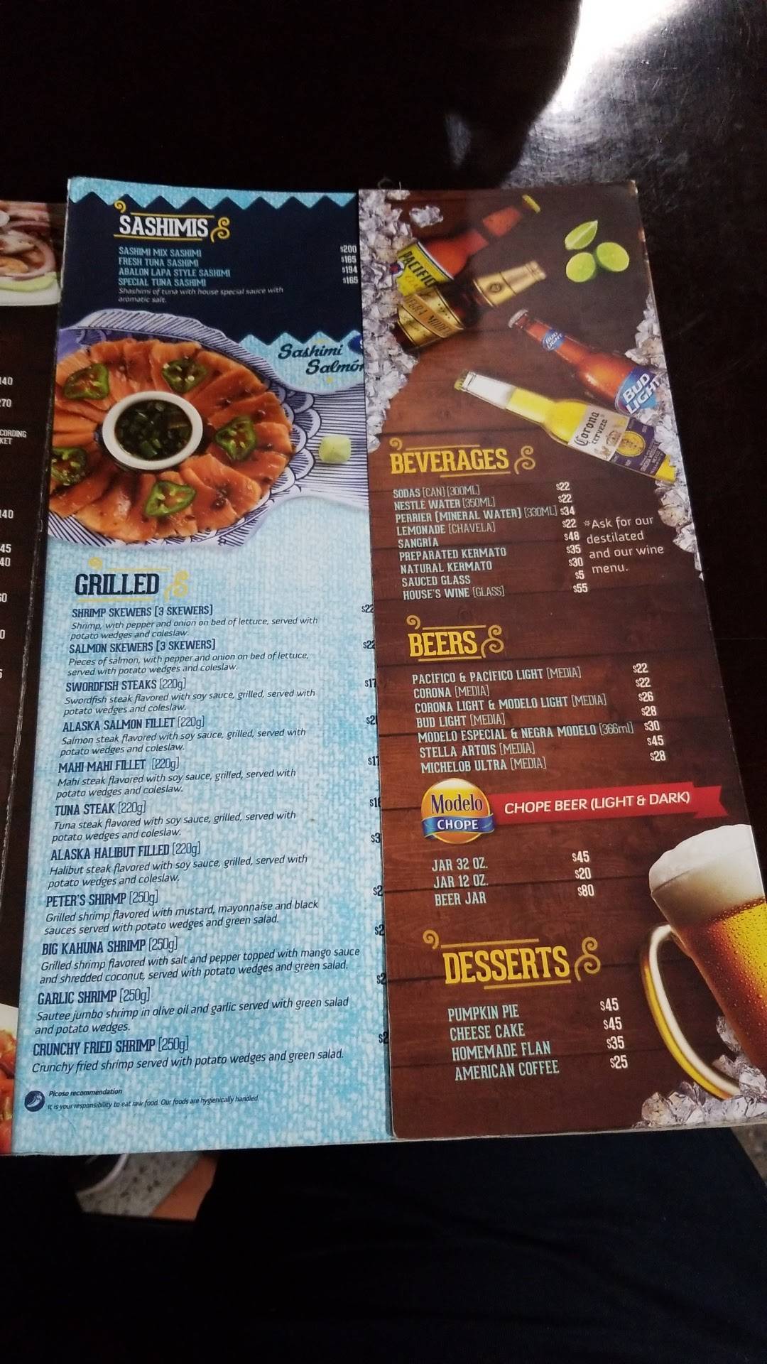 Menu at Fish Market Seafood Restaurant, Mazatlán, Sinaloa 1504 A