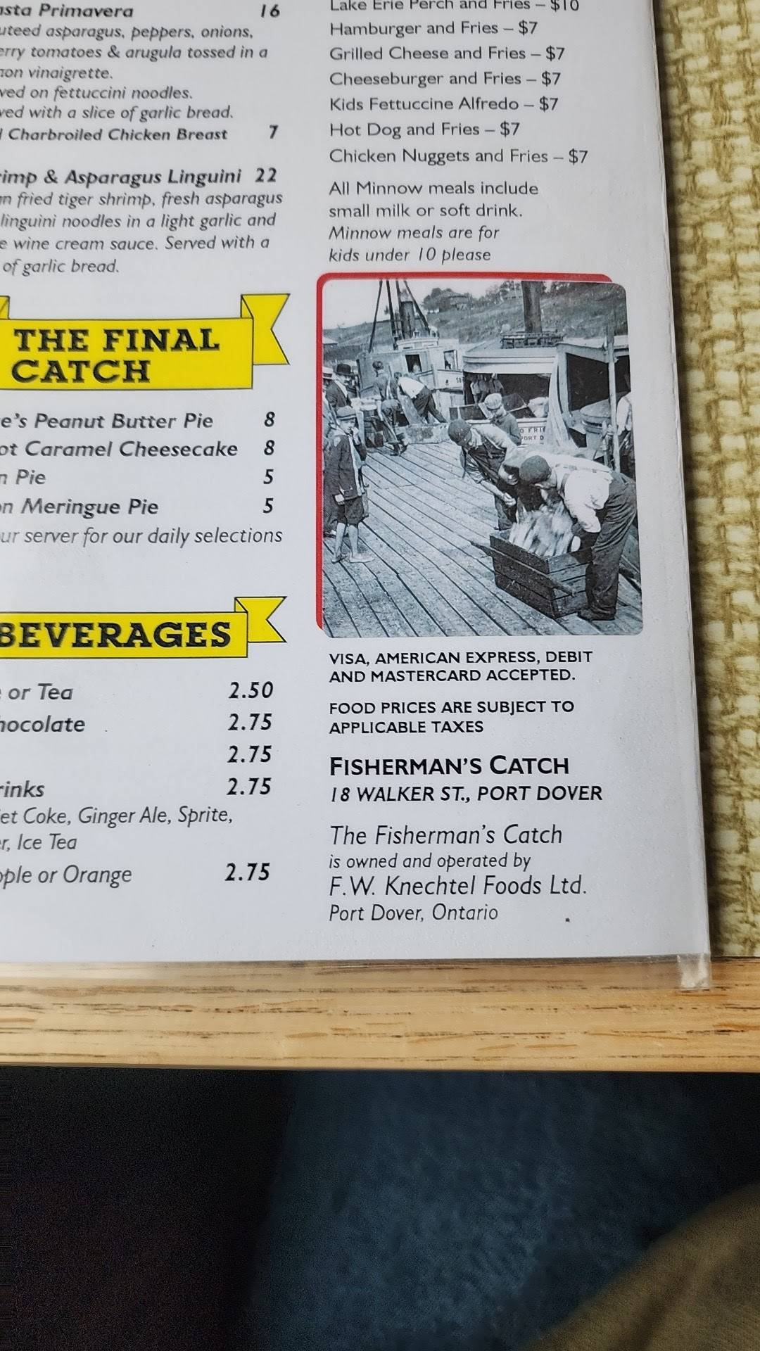 Menu at Fisherman's Catch Bar & Restaurant, Port Dover