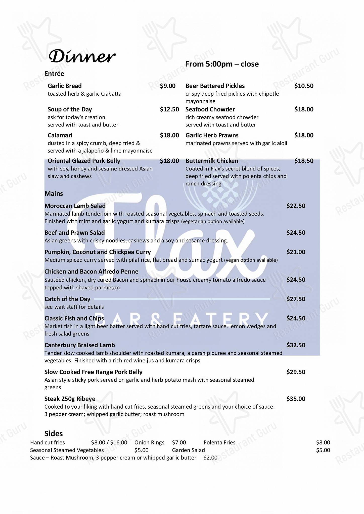 Menu at Flax & Co restaurant, Christchurch