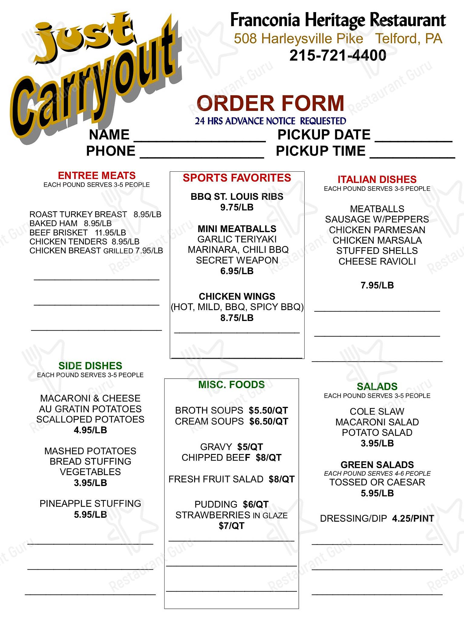 Menu at Franconia Heritage Restaurant, Telford