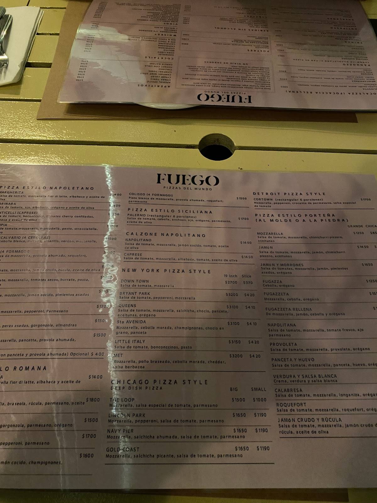 Carta del restaurante Fuego Pizzas del Mundo, Buenos Aires